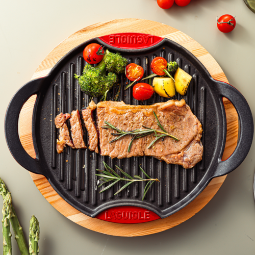 Grill rond en fonte rouge 28cm avec support en bois | Laguiole Cuisson